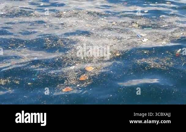 Litter and debris floating on the surface of a serene blue ocean Stock ...