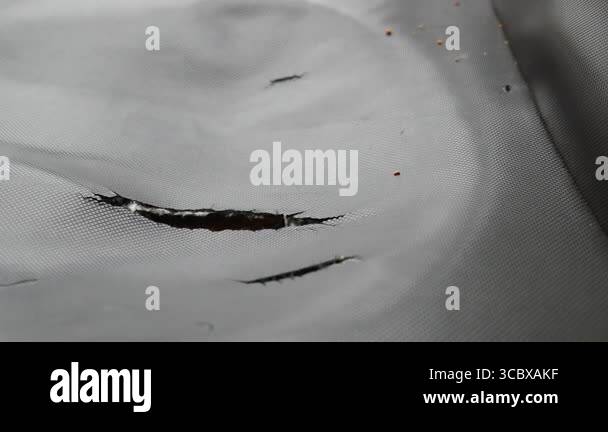 A close-up shows a tear in fabric, indicating exposure to weather ...