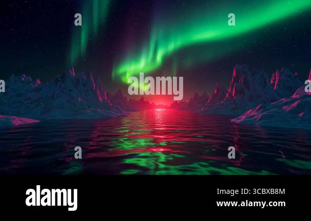 Aurora Borealis over Red Lit Water and Jagged Peaks, Night Sky with ...