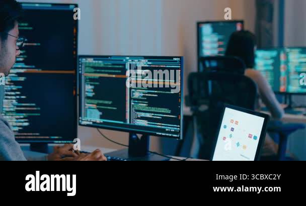 Group Adult Asia male, female freelance typing write prompt AI bot IT app smart program nomad ...