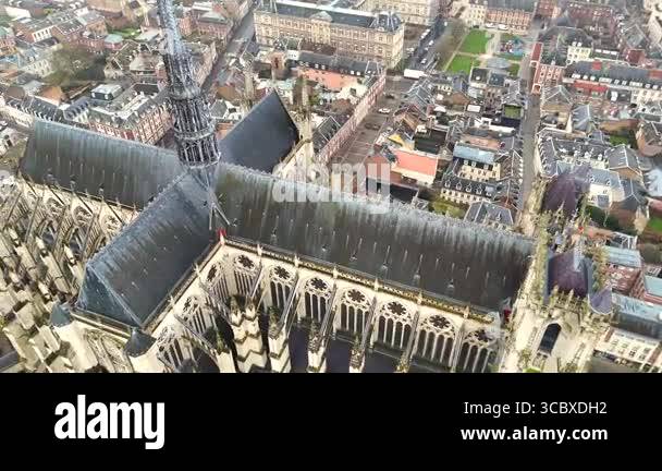 Aerial view of Amiens Cathedral with detailed Gothic architecture and ...
