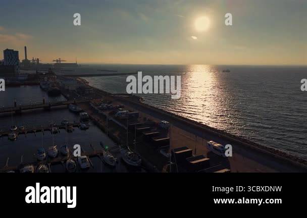 Modern harbor in Helsingborg with docked boats ferry terminal ...