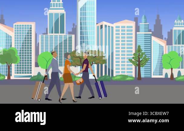 People walking, city break cartoon animation, travel theme Stock Video ...