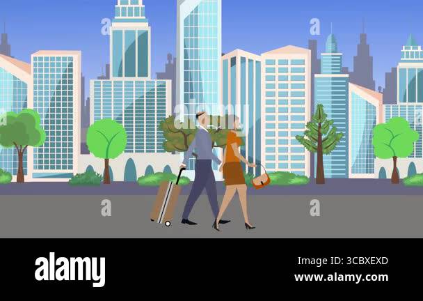 Couple walking, city break cartoon animation, travel theme Stock Video ...