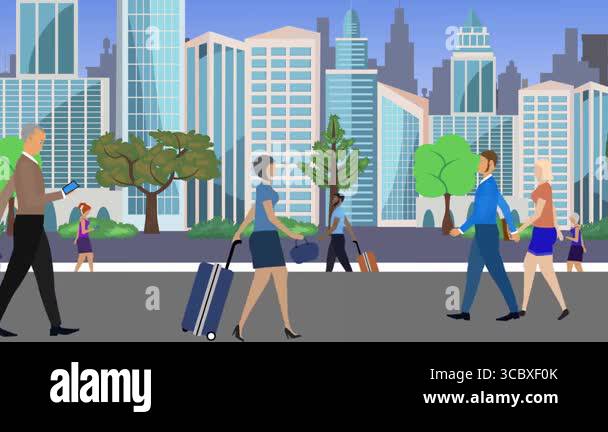People walking, city break cartoon animation, travel theme Stock Video ...