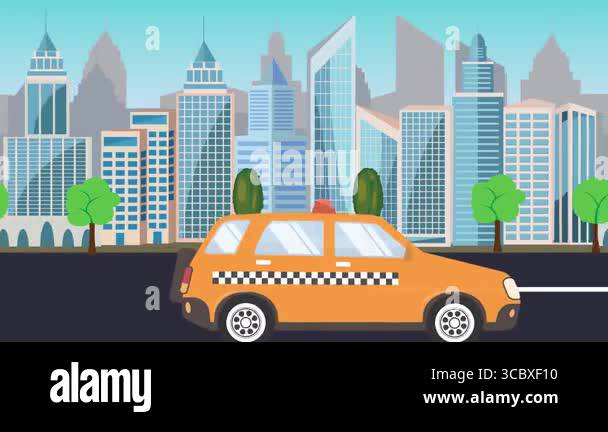 Taxi car driving on the road in front of a city, cartoon animation ...