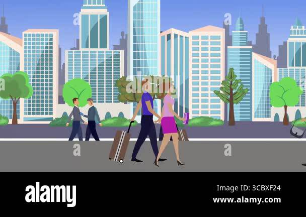 People walking, city break cartoon animation, travel theme Stock Video ...
