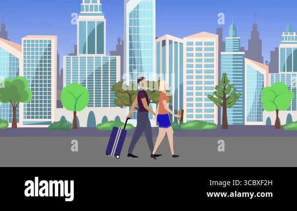 Couple walking, city break cartoon animation, travel theme Stock Video ...