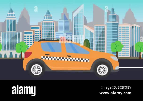 Taxi car driving on the road in front of a city, cartoon animation ...
