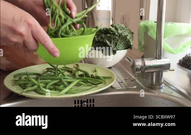 Anonymous wash green beans in kitchen under water. Healthy food and ...
