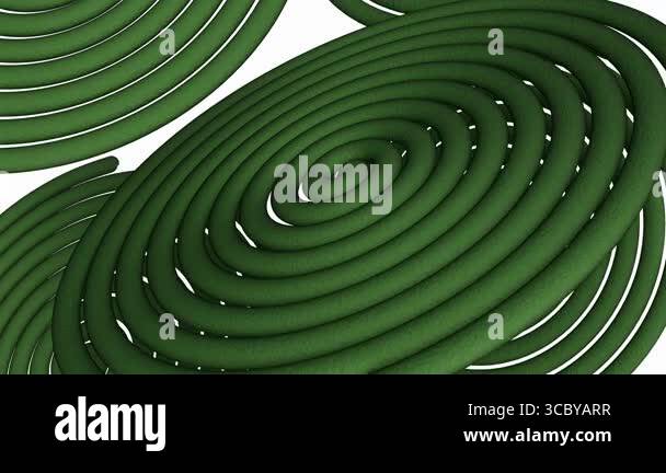 A 3d animation of green, spiral-shaped mosquito coils. The coils are a ...