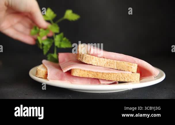 Sandwich ham slices meat spam pork fresh gourmet food background on the ...