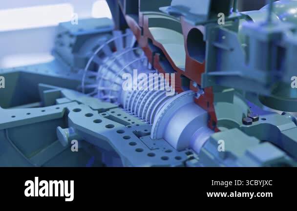 Close-up view of a high-tech industrial turbine cutaway model showing ...