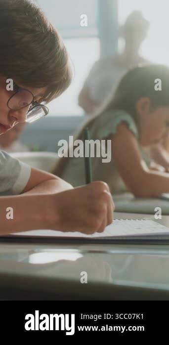 Primary School Children Writing School Test, Doing Tasks in Notebooks ...