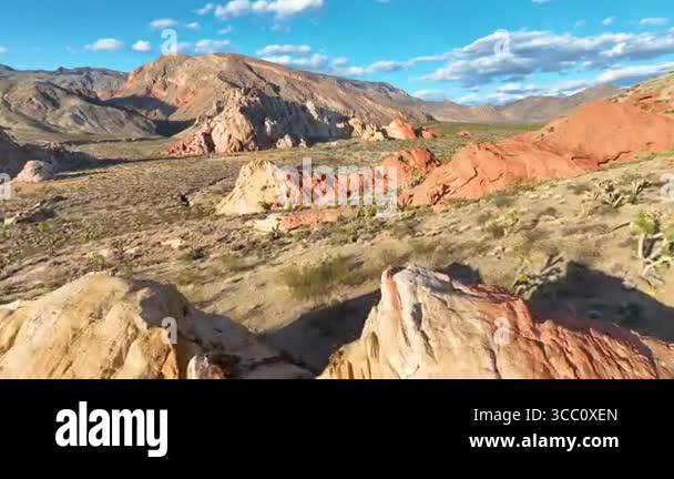 Aerial fly through over vivid sandstone formations and Joshua trees in ...