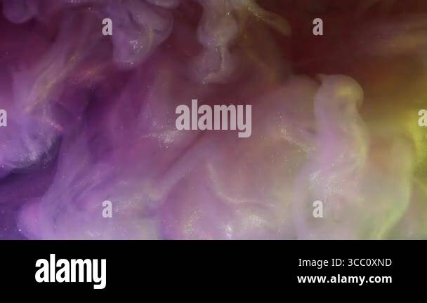 Haze spread. Shimmering flow. Purple yellow paint fog wave spray on ...
