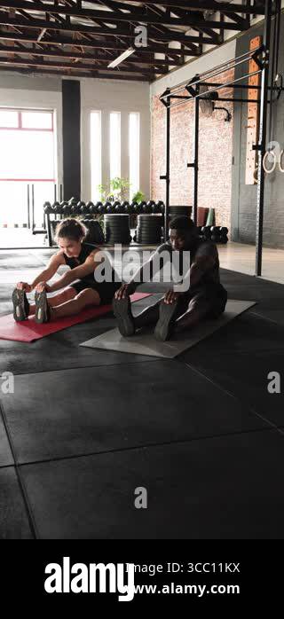 Vertical video: After stretching legs diverse gym partners doing dips ...