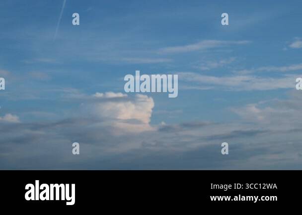 Light high clouds slide on sky. Layer of clouds in blue sky moving ...