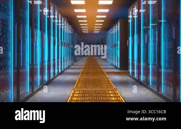 Server room with blue lights and orange floor Stock Video Footage - Alamy