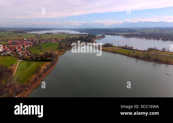 Aerial view of Waginger See in Bavaria, Germany, crystal-clear waters ...
