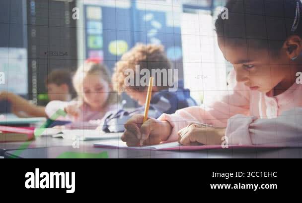 Students writing worksheets in classroom while green graph drawing from third sec visualizing ...