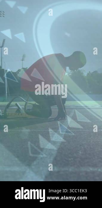 Runner preparing for sprint start over futuristic data processing ...