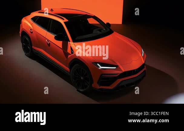 A vibrant orange luxury SUV displayed against a modern backdrop ...