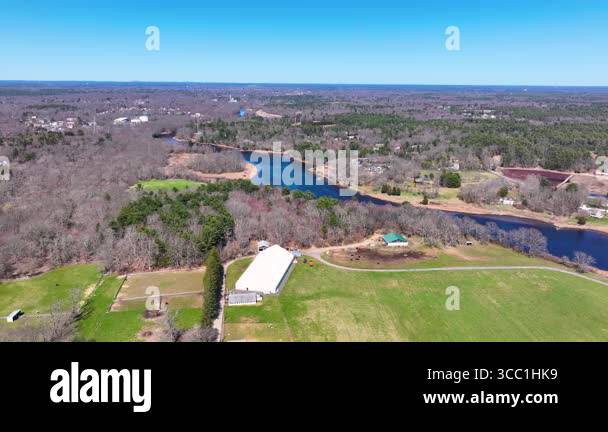 Taunton River aerial view in spring near Dighton historic town center ...