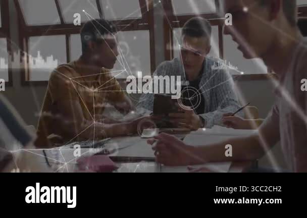 Instructor and students collaborating on learning task student tapping tablet showing data ...