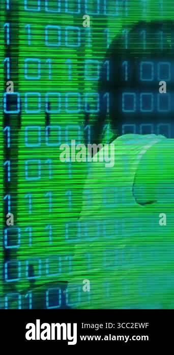 Animation of data processing binary coding with caucasian female it ...