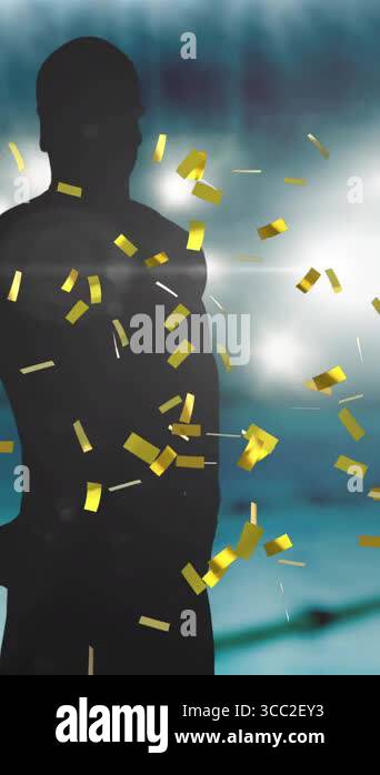 Golden confetti falling over silhouette of male swimmer against ...