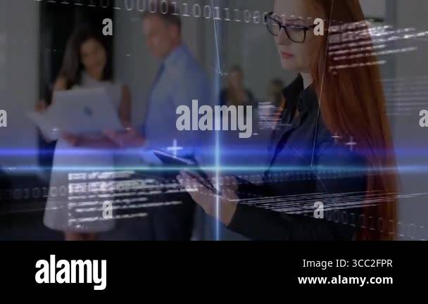 Floating binary code sparking woman interacting with tablet in office for security insight ...