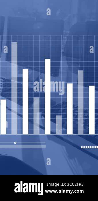 Animation of financial data processing over computers on desks in ...