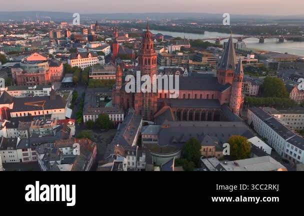 Mainz at Sunrise, Aerial Dawn Drone Shot, Showing Old Town and ...