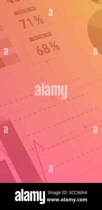 Animation of statistical data processing against pink gradient background. Computer interface ...