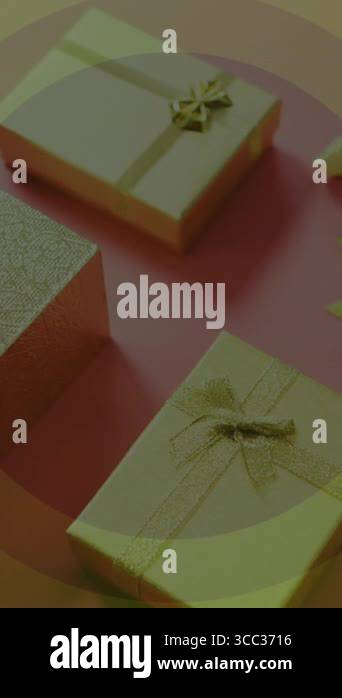 Animation of neon berry and holy over christmas presents and purple ...