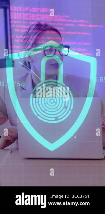 Animation of digital shield with padlock over happy caucasian female and male coworkers ...