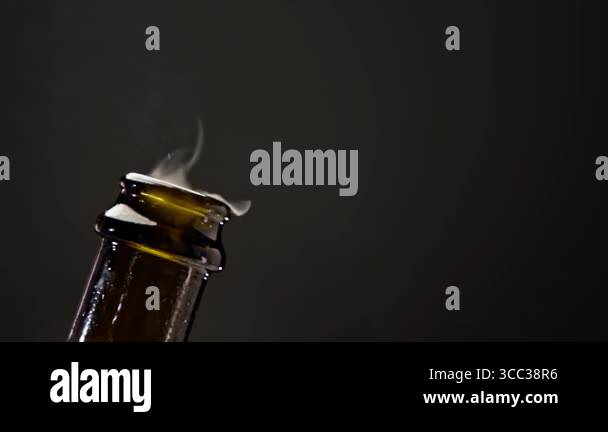 Opening Cap of Full Glass Bottle with Beer Drink Close Up. Drinking ...