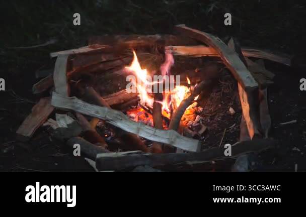 Traditional campfire setup in the forest, symbolizing self reliance ...