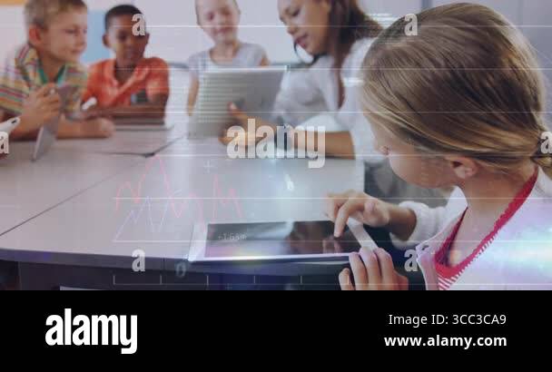 Teacher raising tablet starting digital lesson, children tapping ...