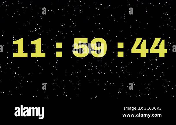 a digital clock shows eleven fifty nine and one second on a black space ...