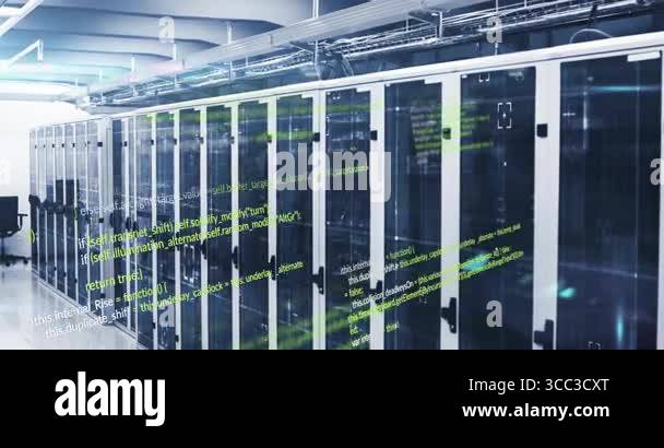Neon green code materializing over server cabinets, cascading then ...