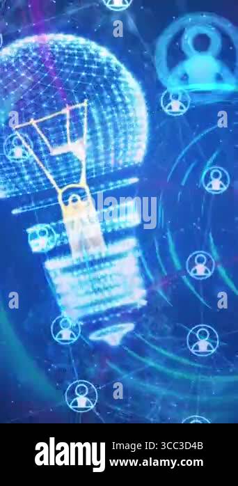 Animation of light bulb, connections with chatbot icons and data ...