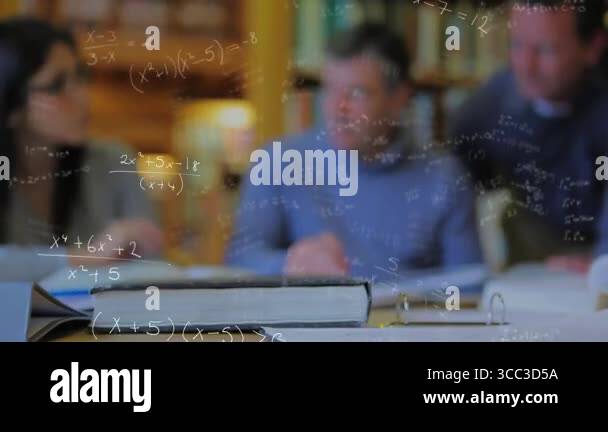 Woman raising hand and explaining equation in library, animated ...