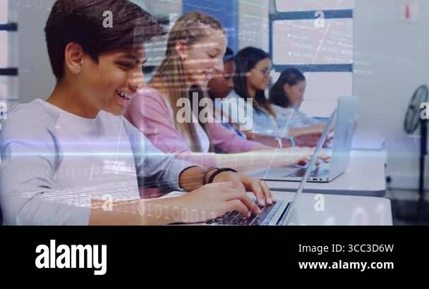 students typing in lab launching animated code and chart overlays ...