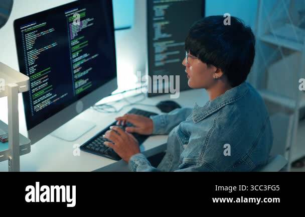 Close up software developer typing code debugging system backend development application ...