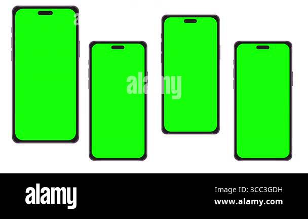 Four smartphones with green screens are aligned horizontally. Each ...