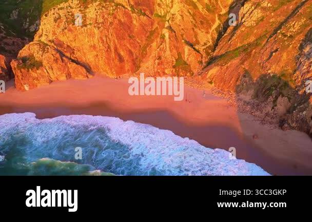 Ursa Beach, Mountain Slope and Atlantic Ocean Waves at Sunset. Portugal ...