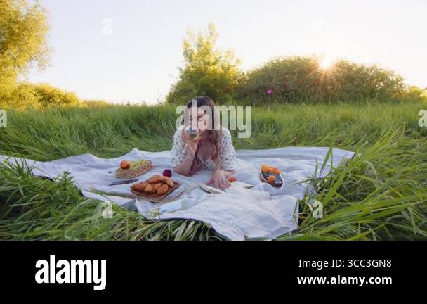 A peaceful picnic scene in the great outdoors, showcasing a woman ...