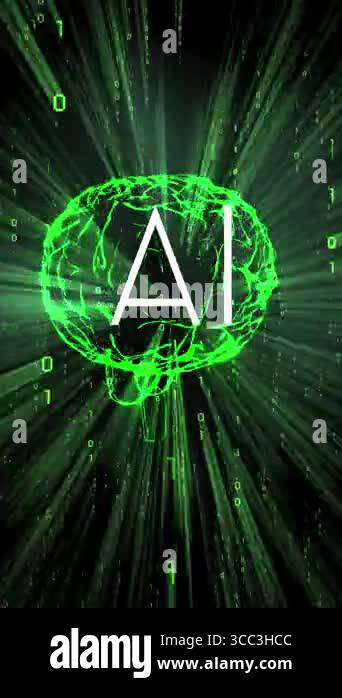 Rotating brain, matrix style binary code in background - AI, artificial ...